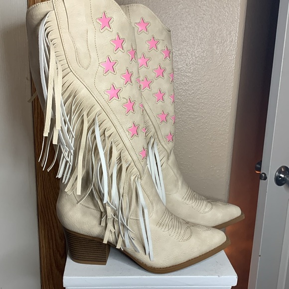 None | Shoes | Western Beige Cowboy Boots With Fringe And Pink Stars ...